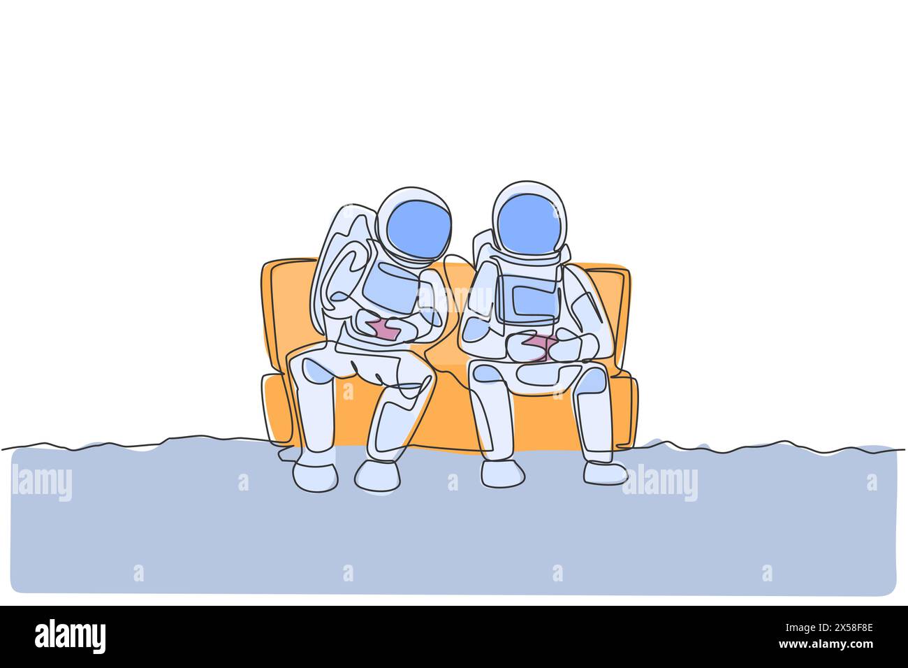 One single line drawing two young happy astronauts siting on sofa and playing video game in moon ...