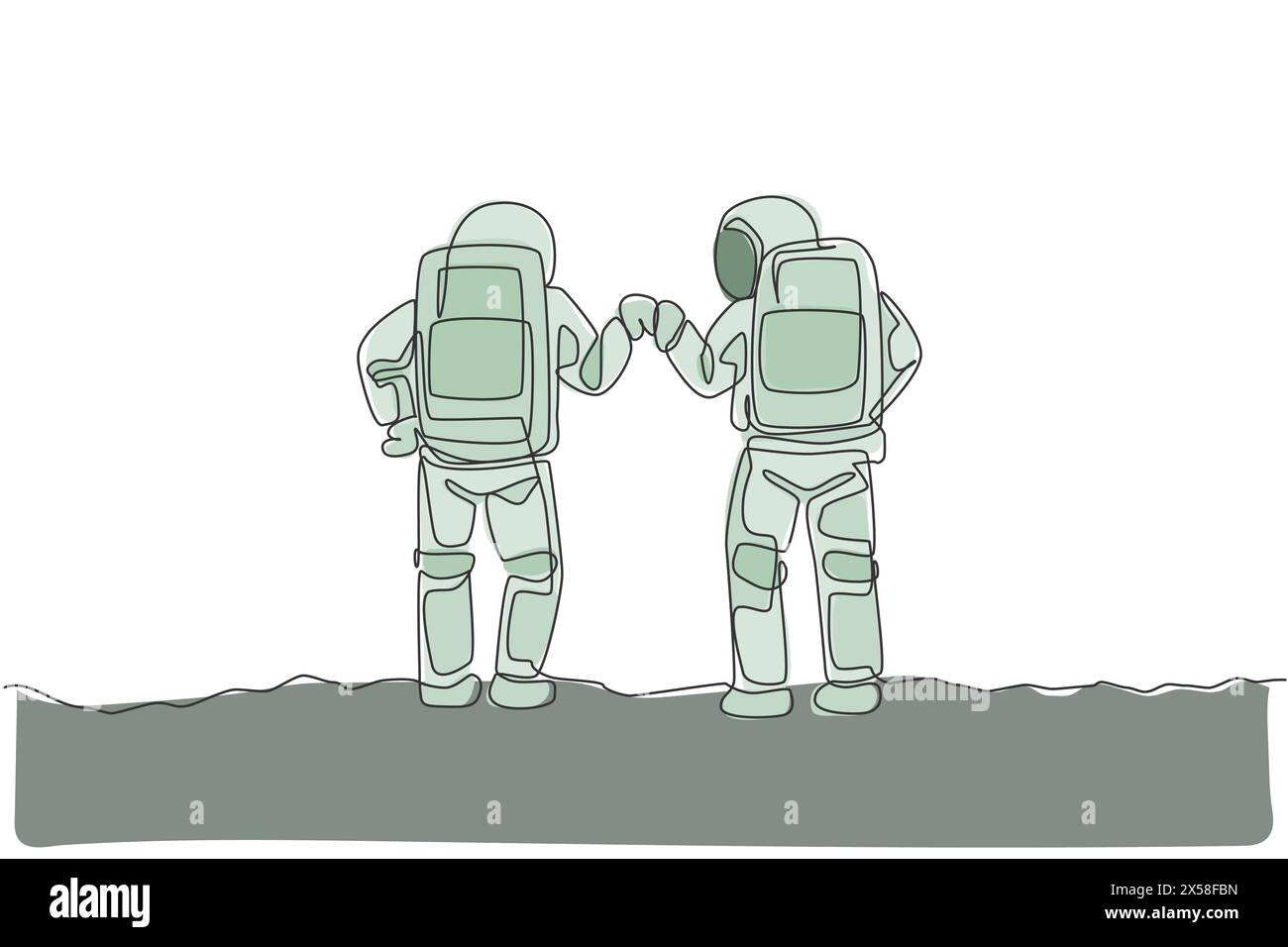 One continuous line drawing of two young happy astronauts giving fist bump gesture in moon ...