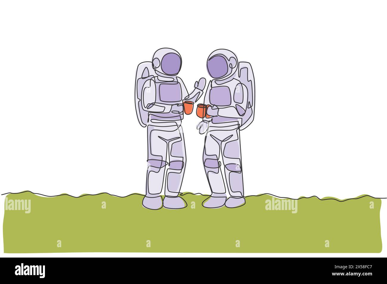 Single continuous line drawing two young astronaut standing and talking while drinking coffee in ...