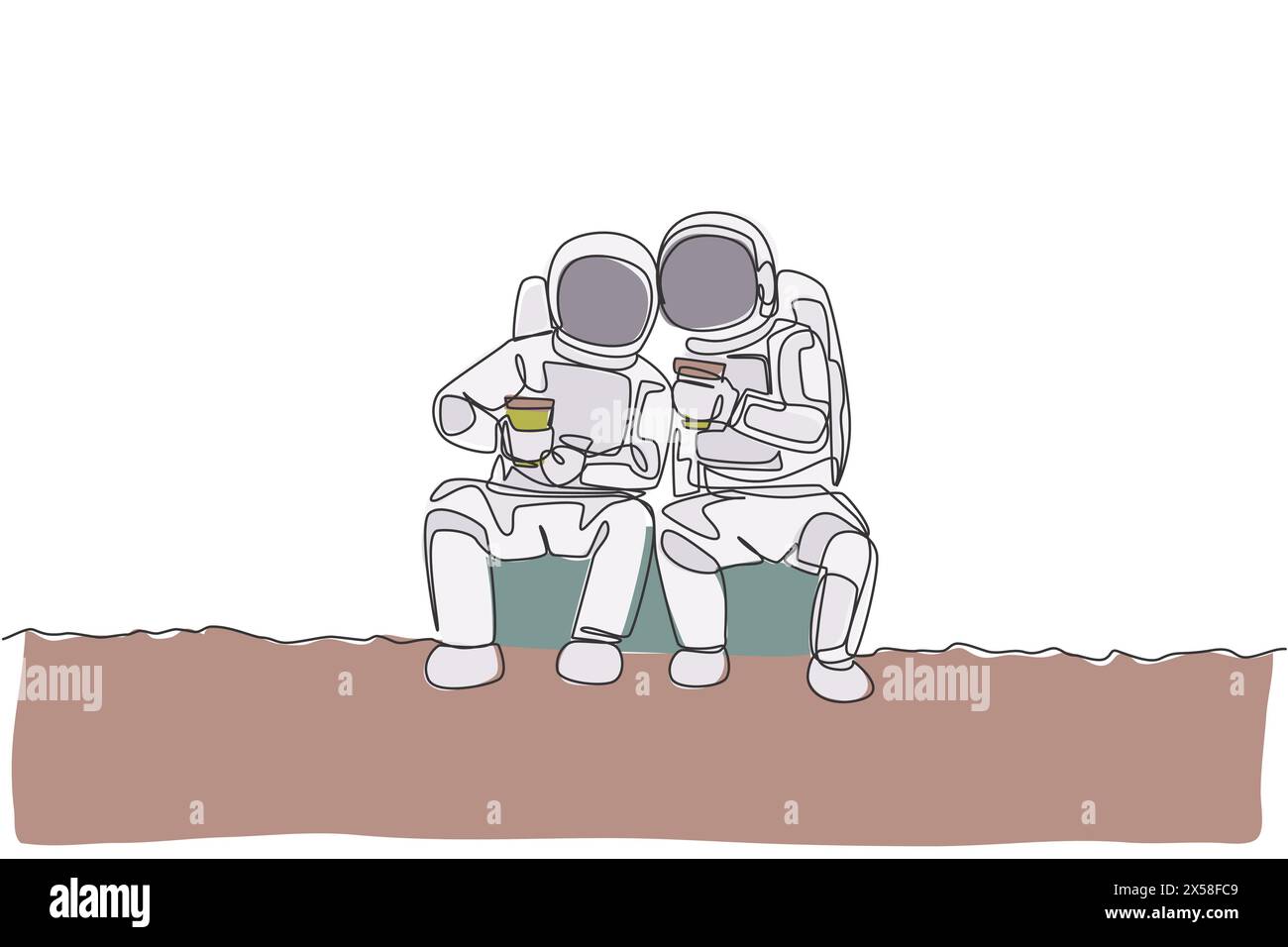 One single line drawing two young happy astronauts sitting while drinking coffee together in ...