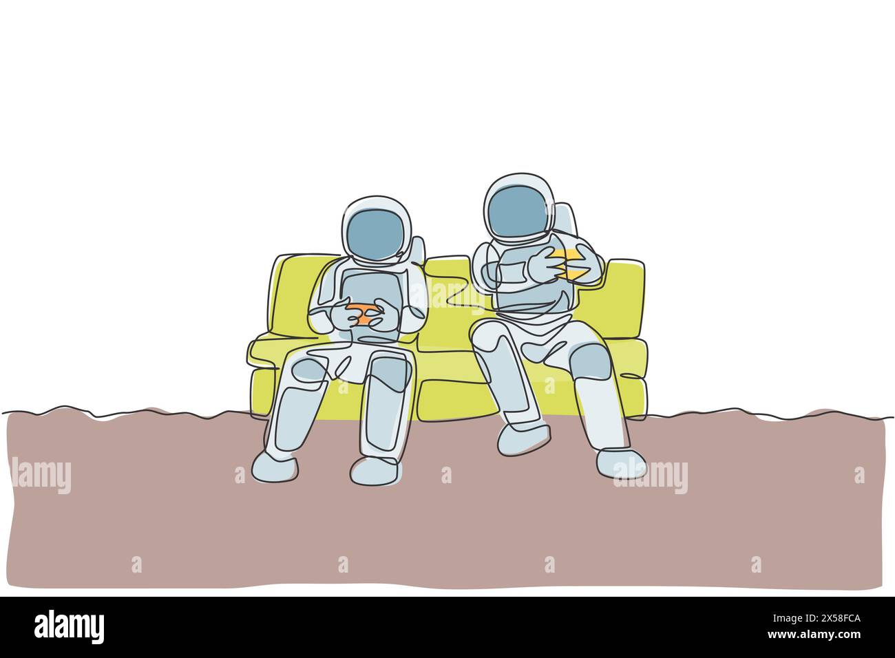 One single line drawing two young happy astronauts siting on sofa and playing video game in moon ...
