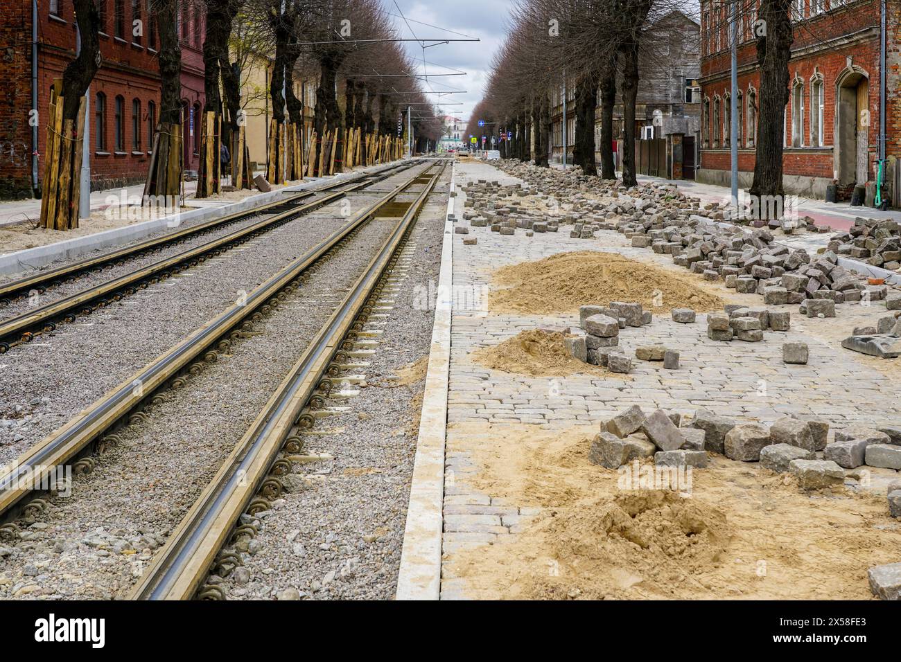 City street reconstruction perspective view with replaced tram tracks ...