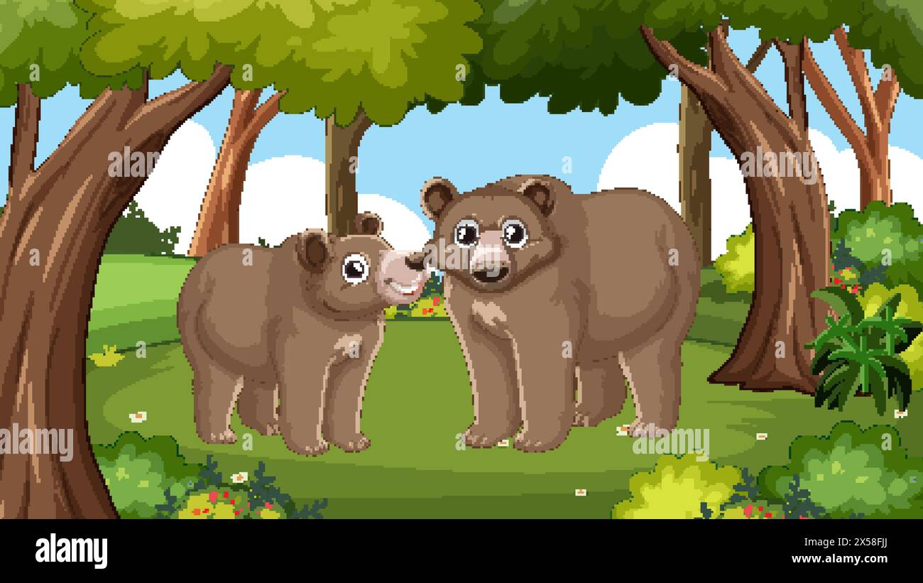 Two cartoon bears interacting in a lush forest Stock Vector Image & Art ...