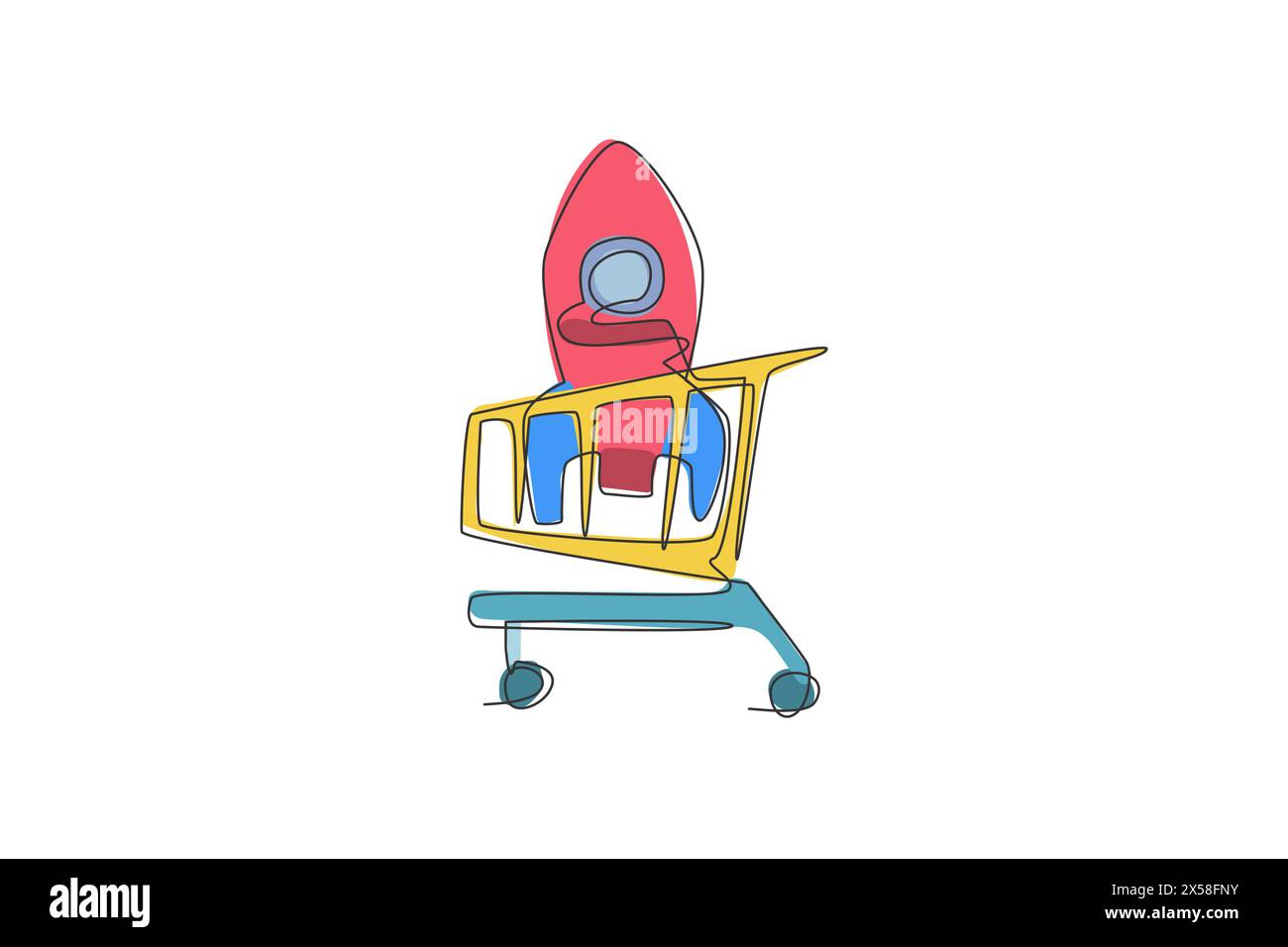One continuous line drawing of rocket toys inside shopping cart. Sale ...
