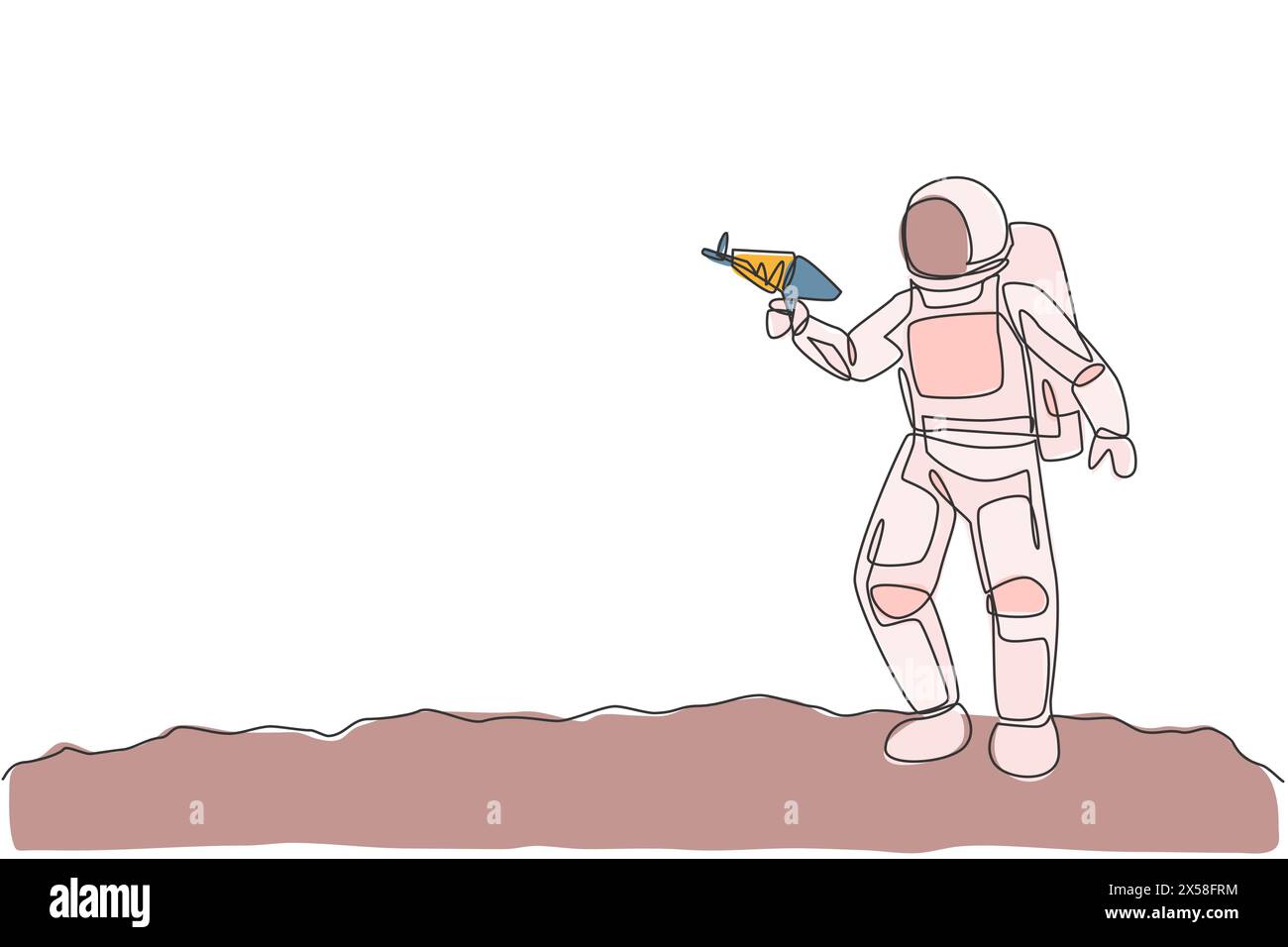 Single continuous line drawing of young astronaut holding space laser ...