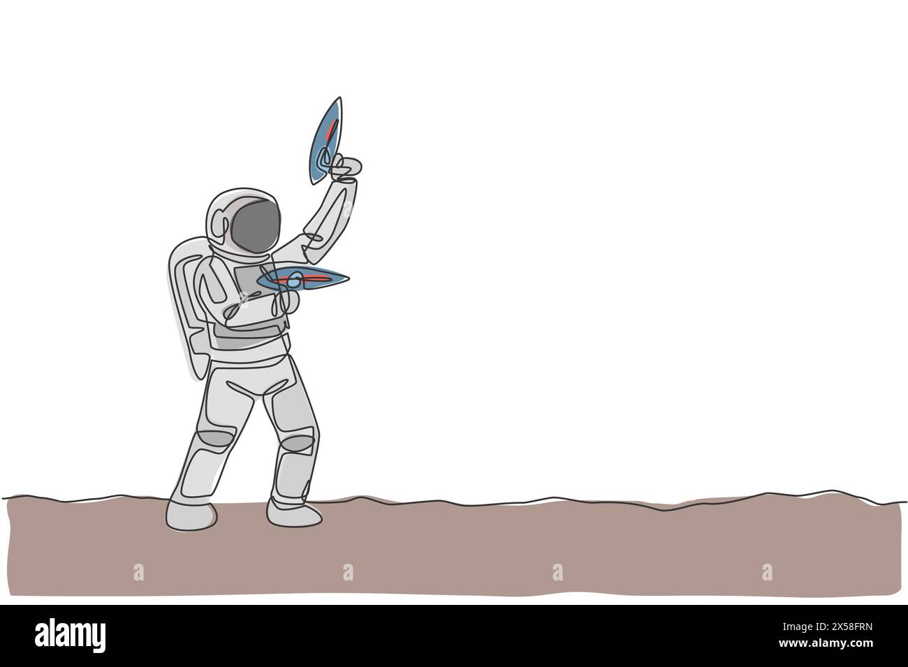 One continuous line drawing of young astronaut shoot using space laser ...
