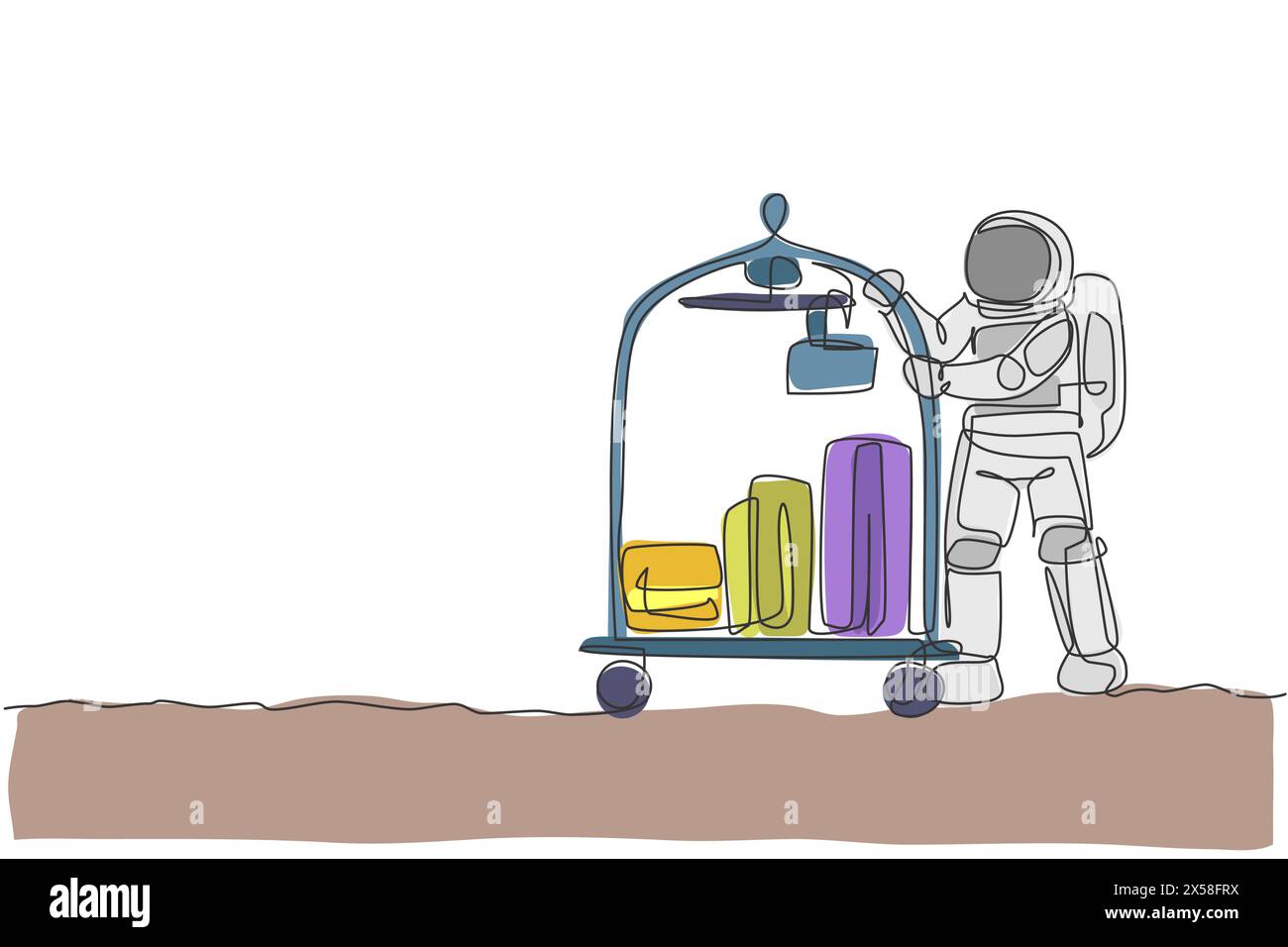 One single line drawing of young room boy astronaut pushing luggage ...