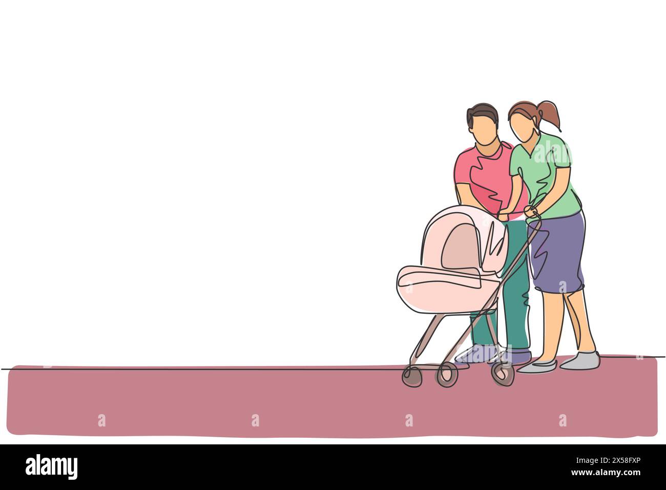 One single line drawing of young happy mother and father pushing baby ...