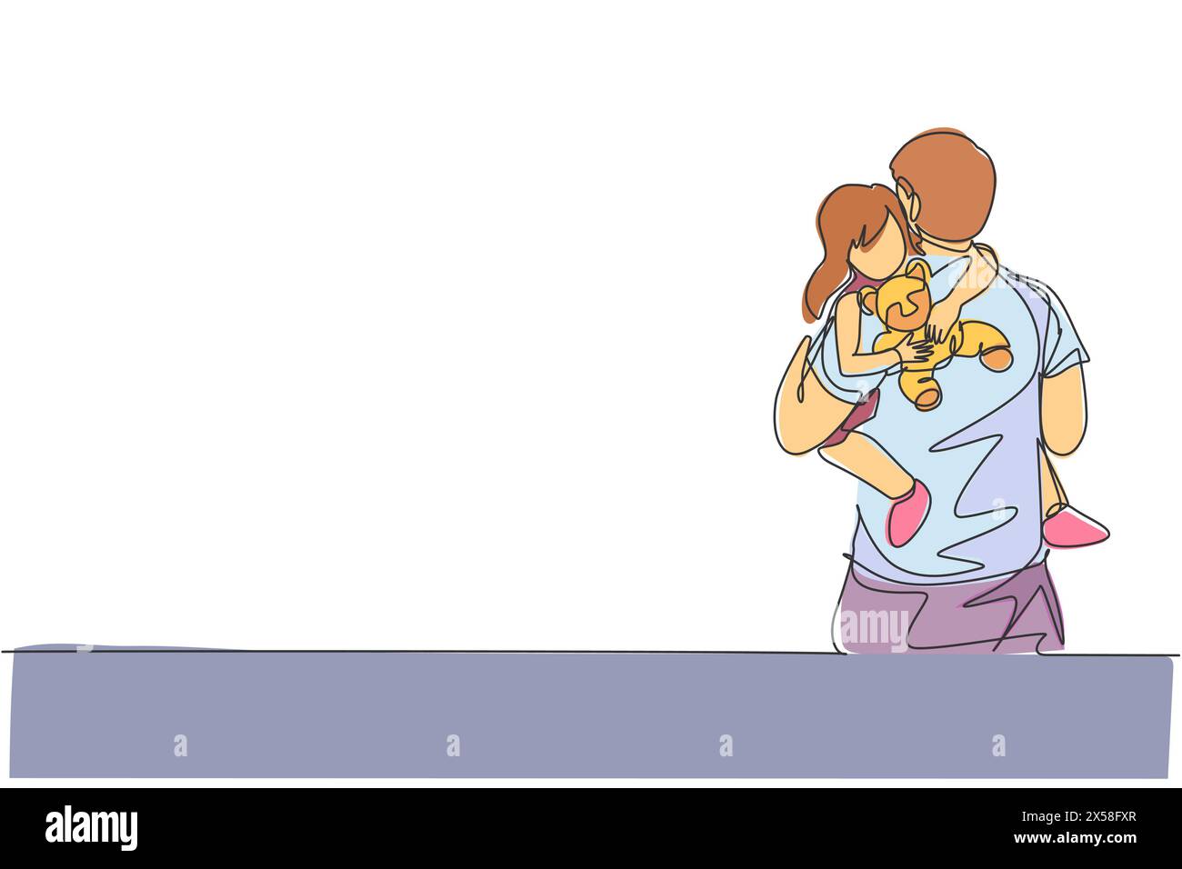 One continuous line drawing young happy father hugging his sleepy ...