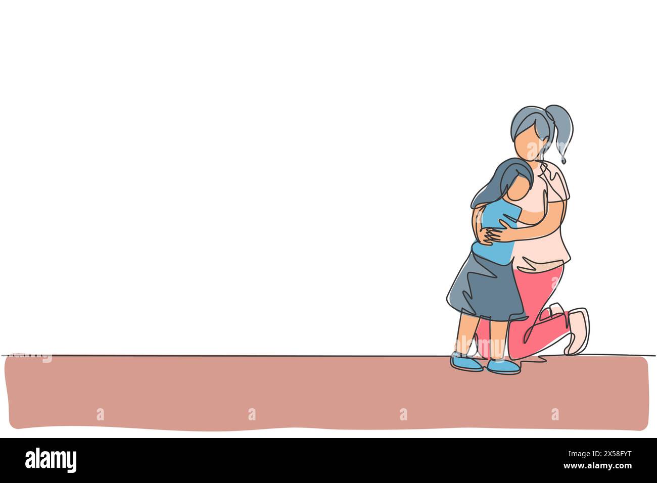 One continuous line drawing of young happy mommy hugging her lovely ...