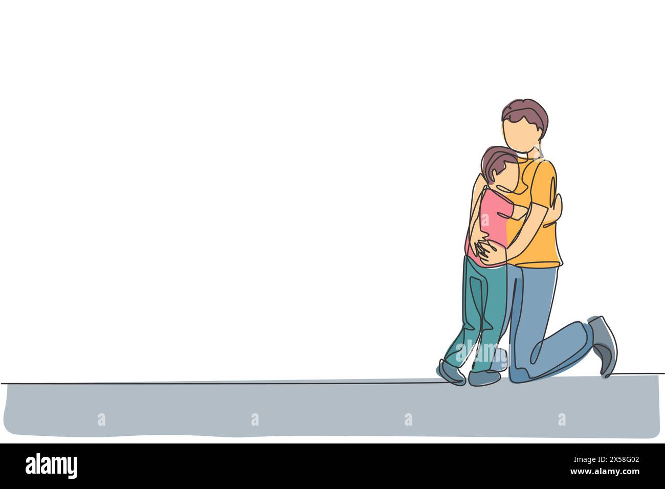 One single line drawing of young happy daddy hugging his lovely son ...