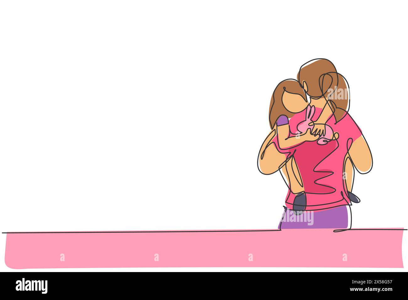 Single continuous line drawing of young mom hugging her sleepy daughter ...