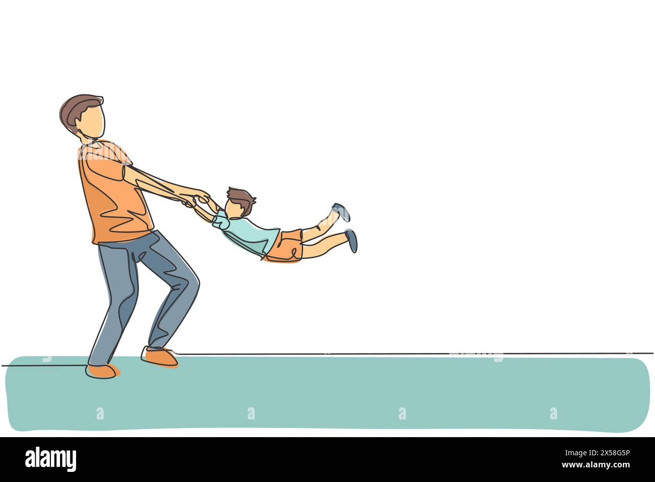 One continuous line drawing of young father raising and spinning his ...