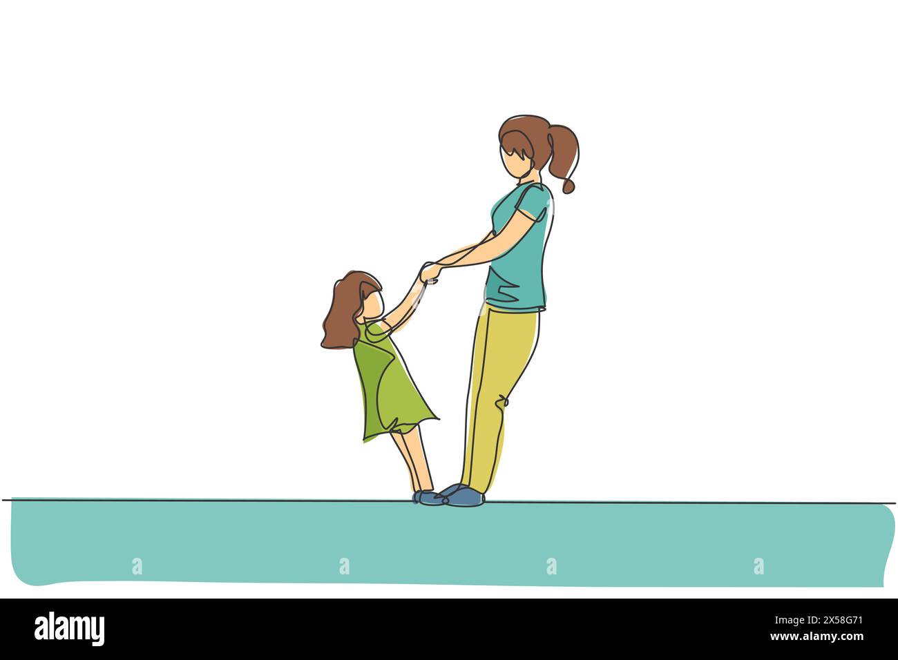 Single continuous line drawing of young mother and her daughter holding ...