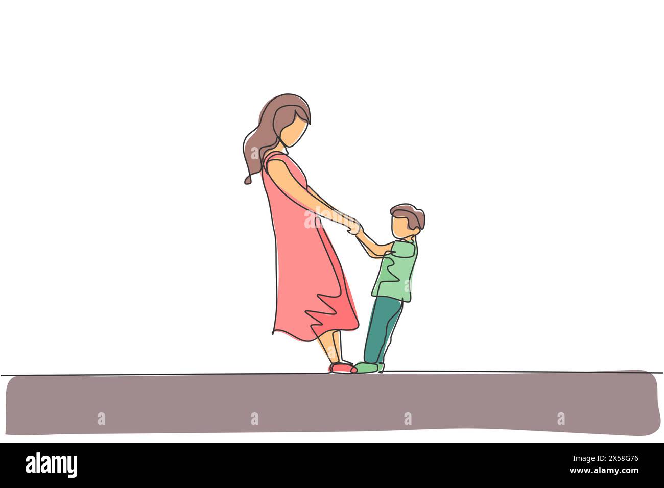 One single line drawing young happy mom and her son holding hands and ...