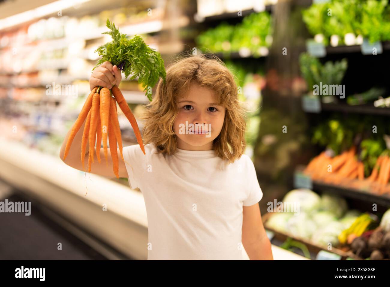Child in food shop in supermarket store. Kids shopping in food ...