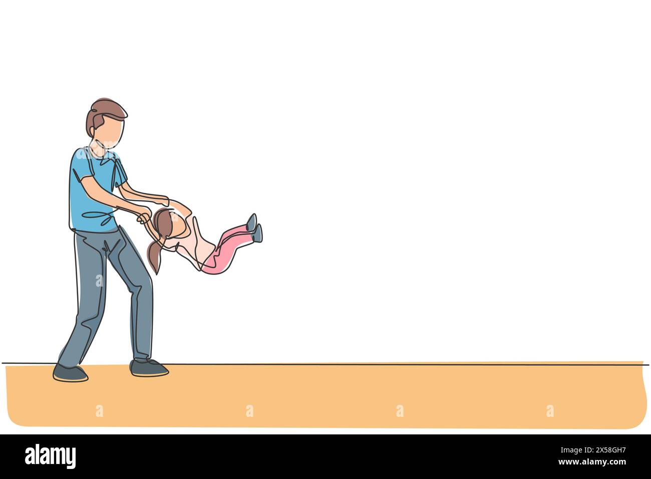 Single continuous line drawing of young happy father playing with ...