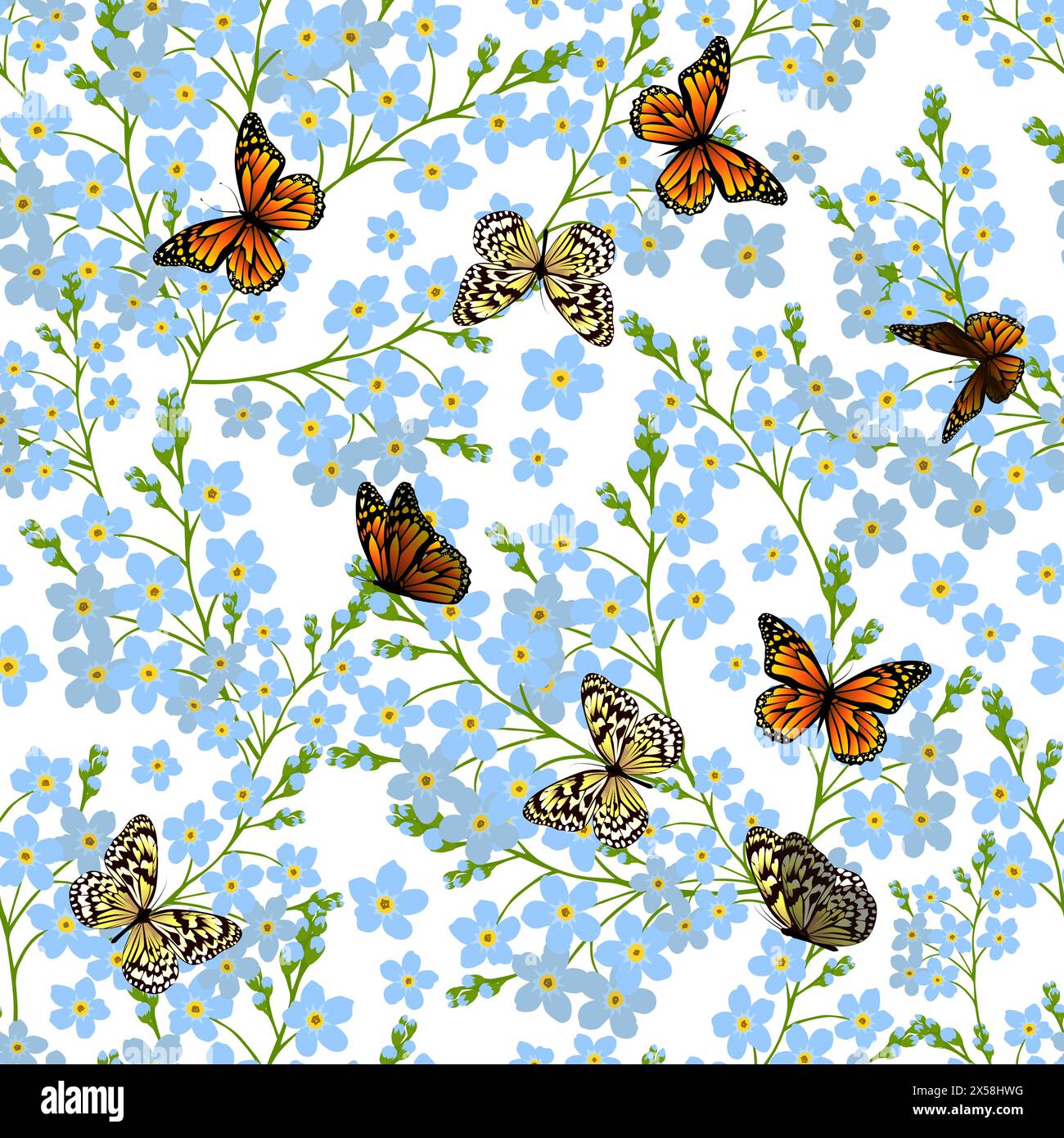 Seamless pattern of blue forget-me-nots with butterflies. Hand drawing ...