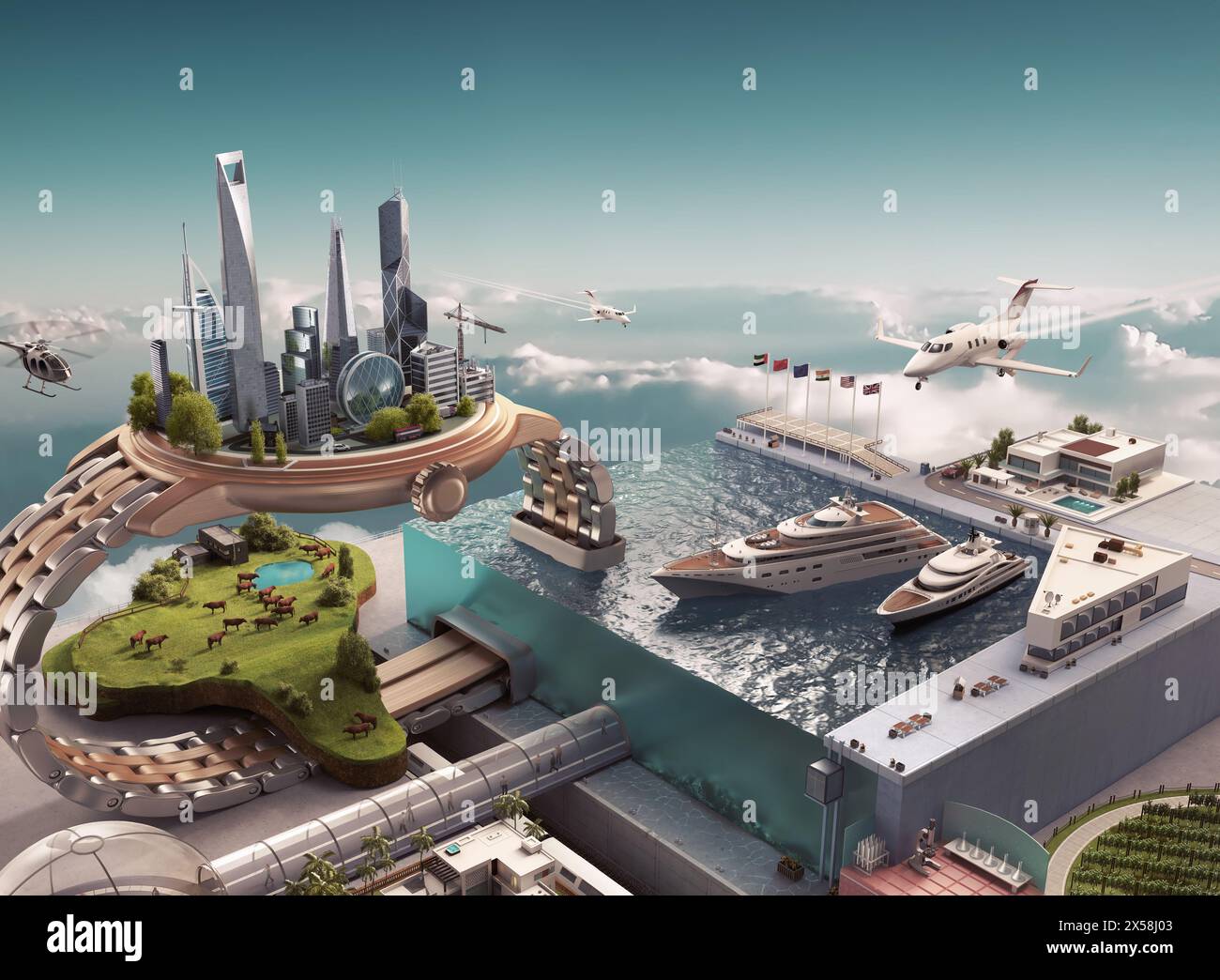 Abstract futuristic city made of various elements Stock Photo - Alamy