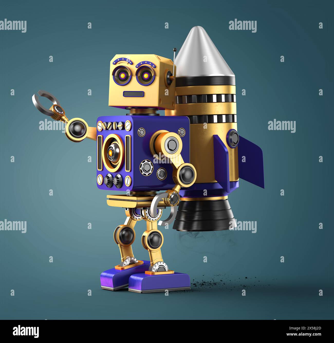 Cartoon robot with rocket on back Stock Photo - Alamy
