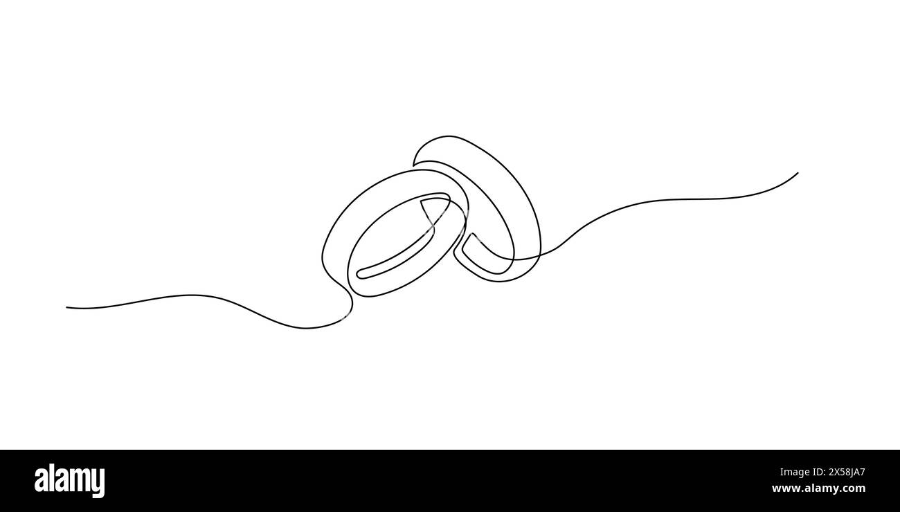 One line line drawing of wedding rings. Romantic elegance concept and ...