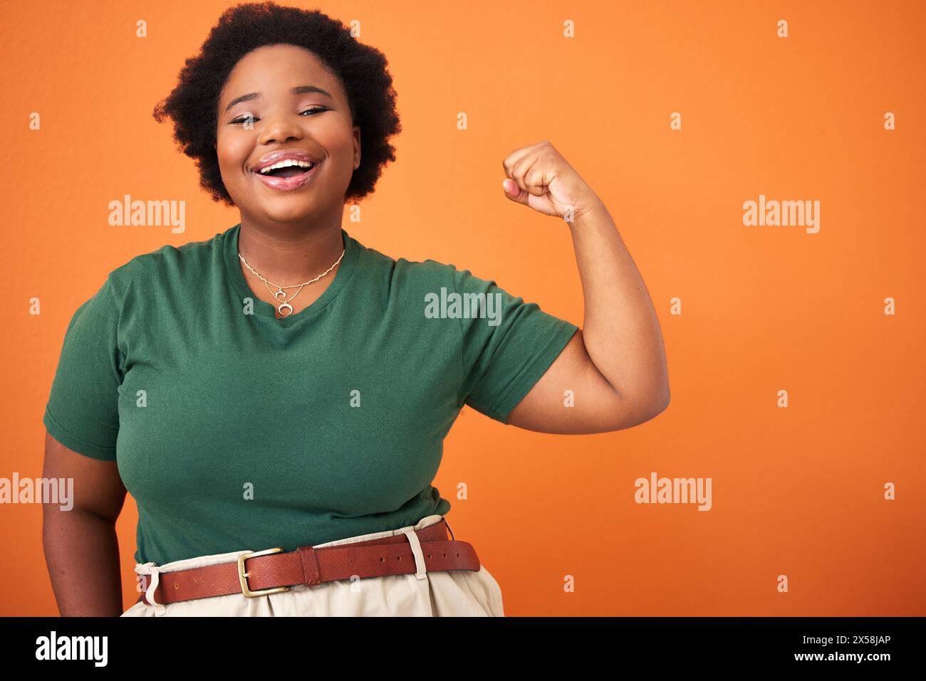 Smile, flex and portrait of black woman in studio for empowerment ...