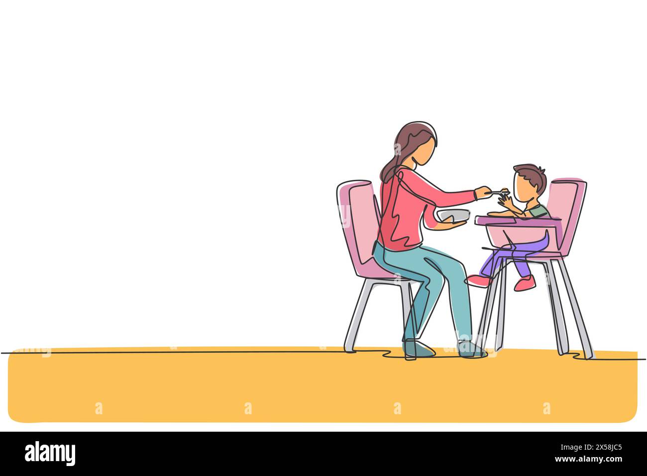 One single line drawing of young mother feeding her son a meal who sit ...