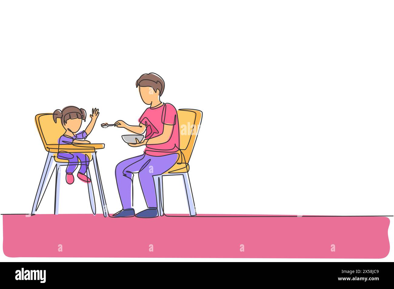 One continuous line drawing of young father feeding his daughter a meal ...