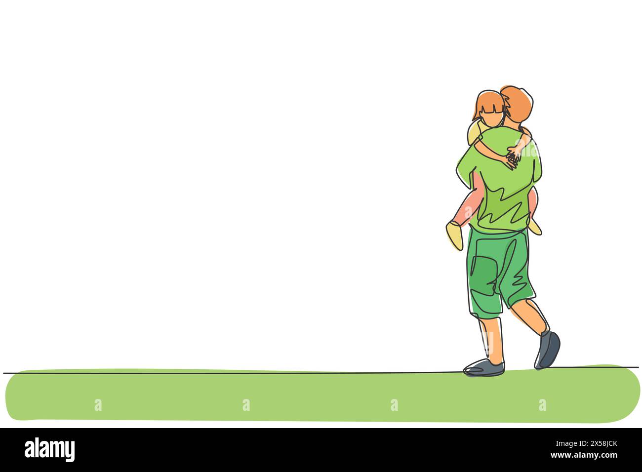 One single line drawing of young father carrying his sleepy tired ...