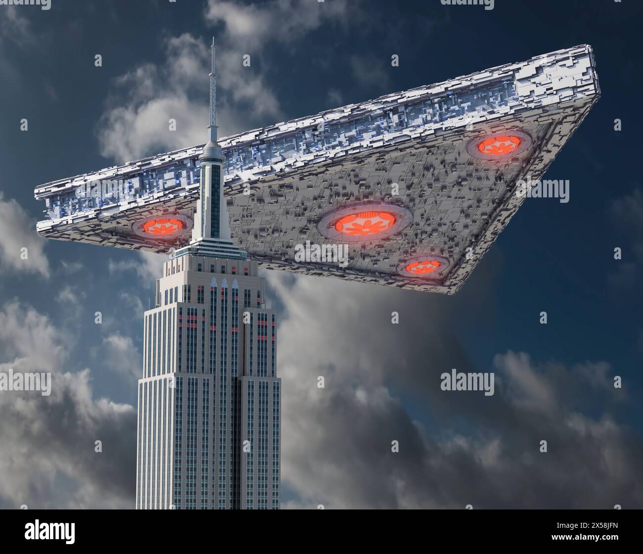 Illustration of an unidentified flying object (UFO) hovering above the ...