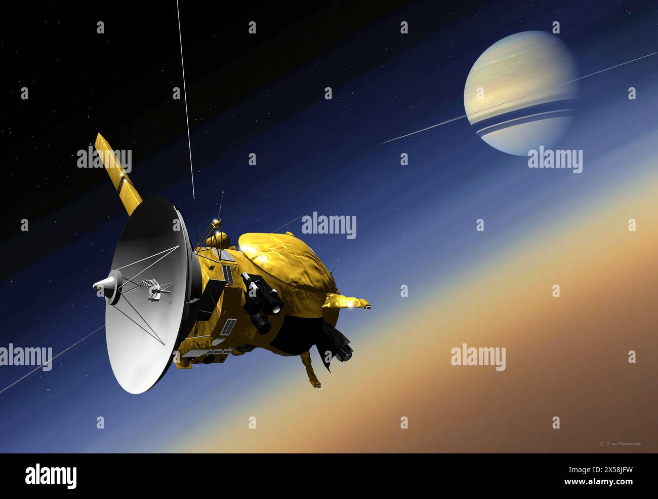 Illustration of the Cassini-Huygens spacecraft with Saturn and Titan ...
