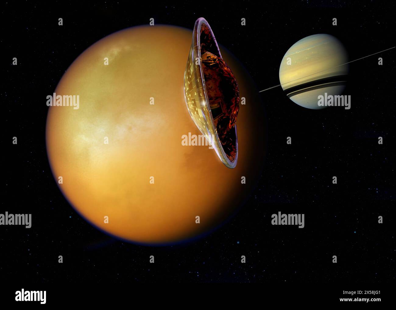 Illustration of the ESA's (European Space Agency) Huygens probe near ...
