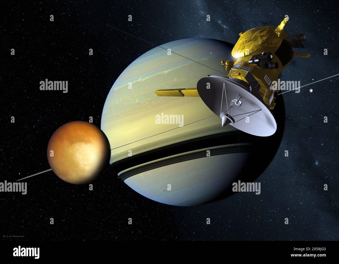 Illustration of the Cassini-Huygens probe with Saturn and Titan. The ...