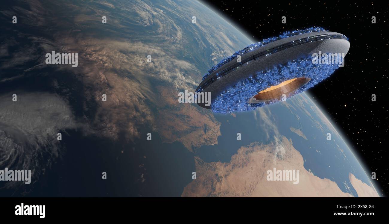 Illustration of an unidentified flying object (UFO) approaching Earth ...