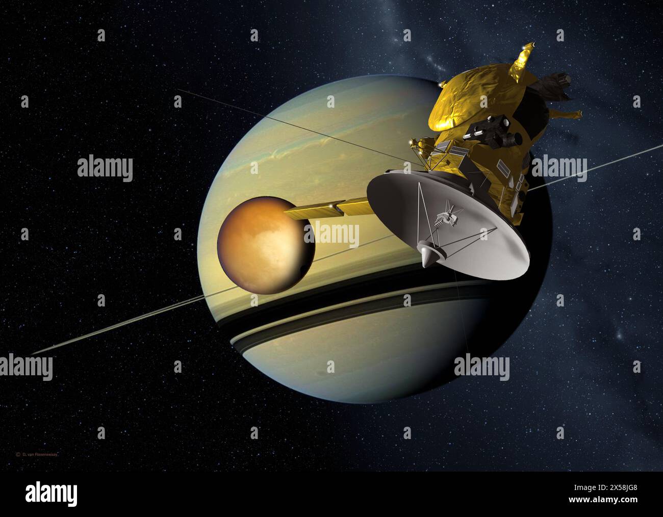 Illustration of the Cassini-Huygens probe with Saturn and Titan. The ...