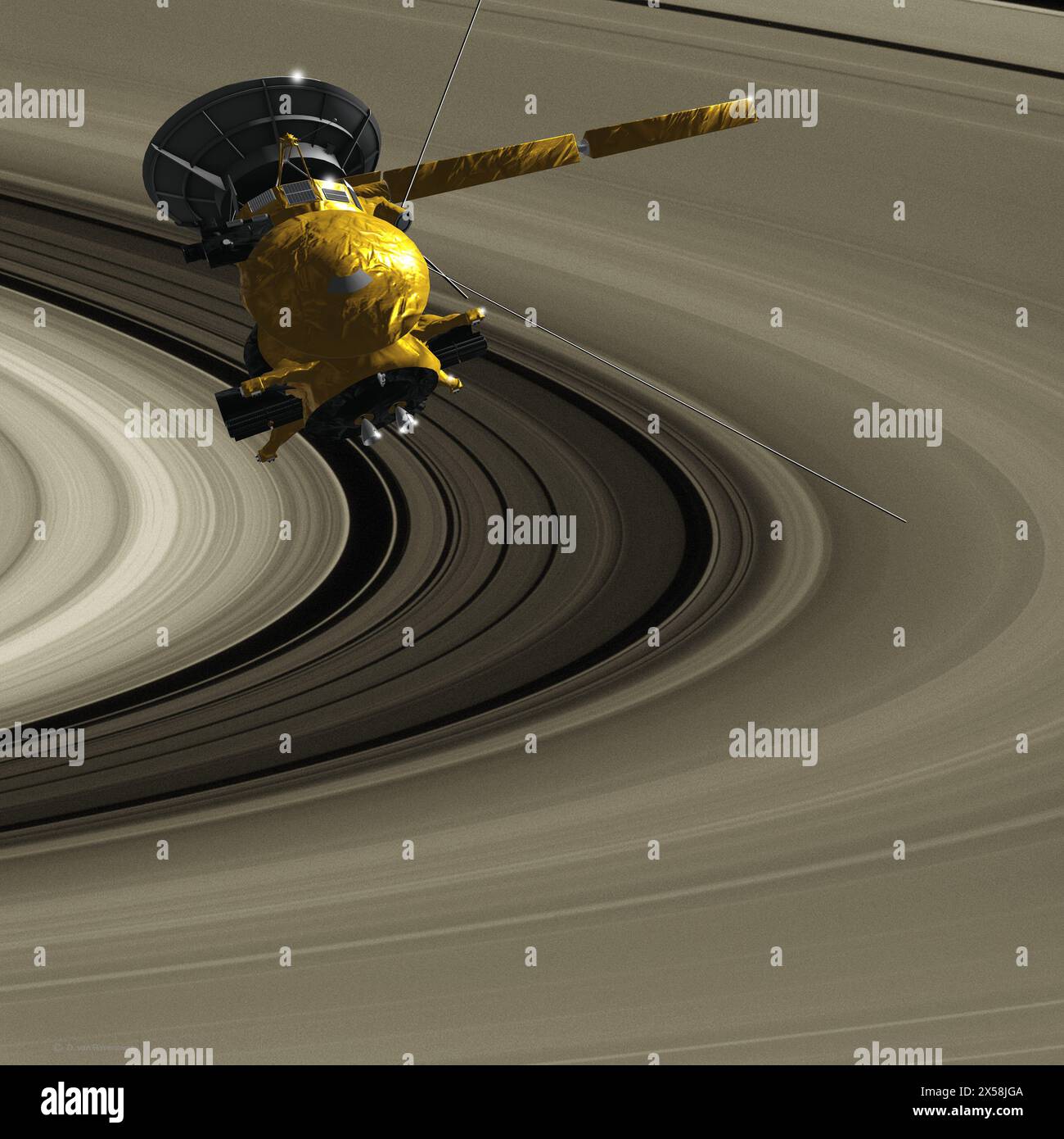 Illustration of the Cassini-Huygens spacecraft over the rings of Saturn. The Cassini-Huygens ...