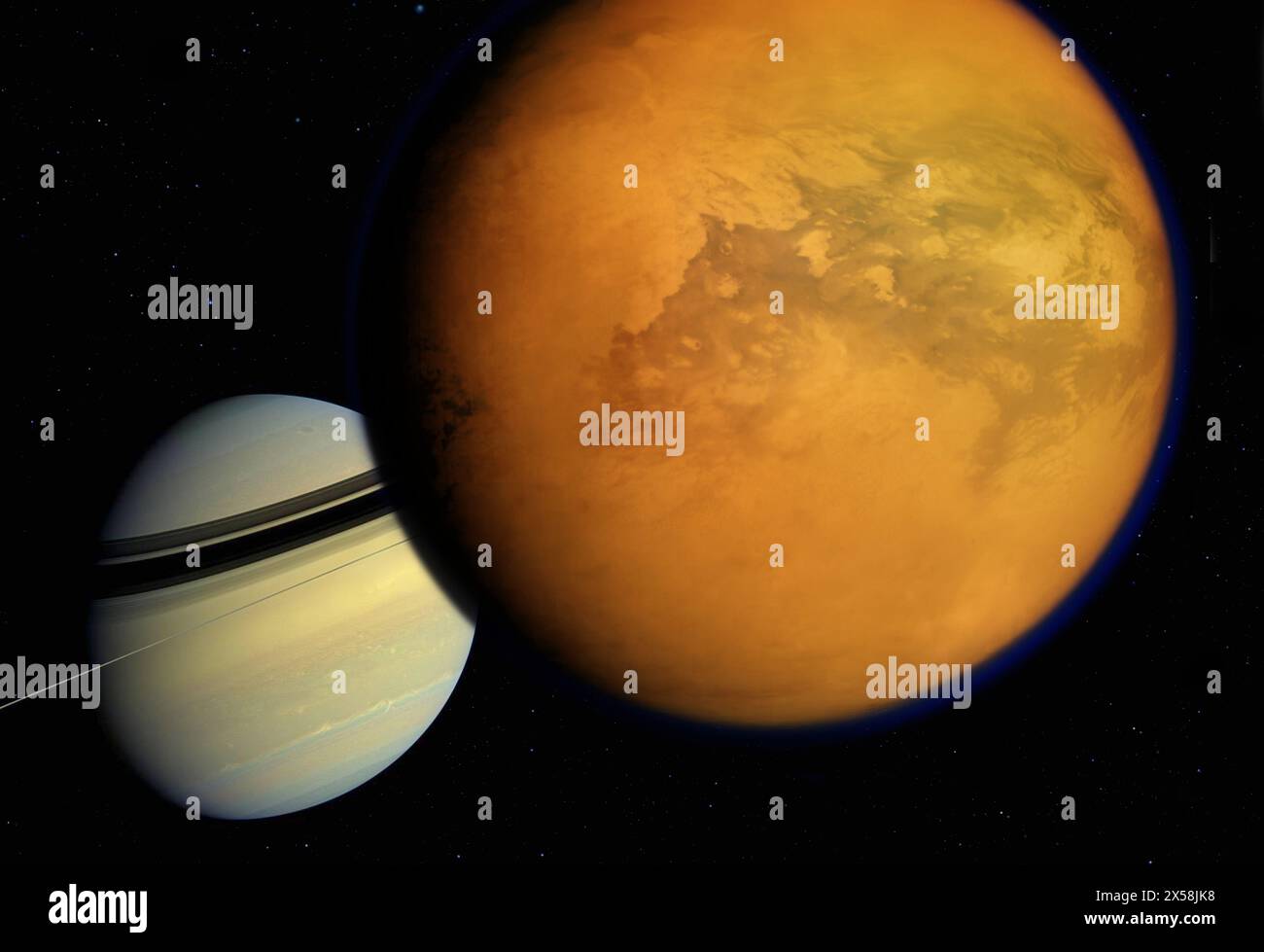 Illustration of Saturn (background) and its largest moon Titan ...