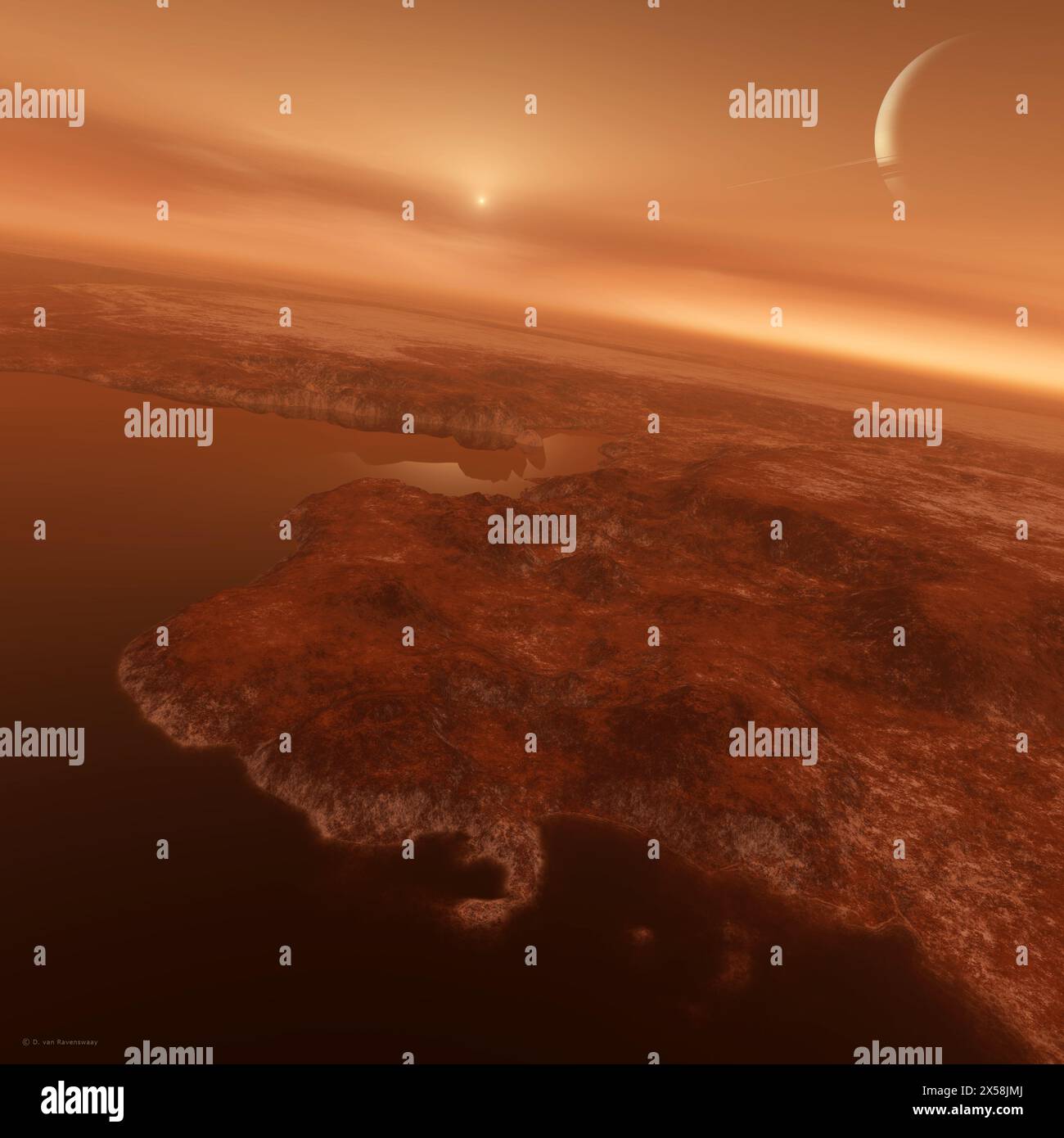 Illustration depicting the view from the Titan surface with Saturn in ...