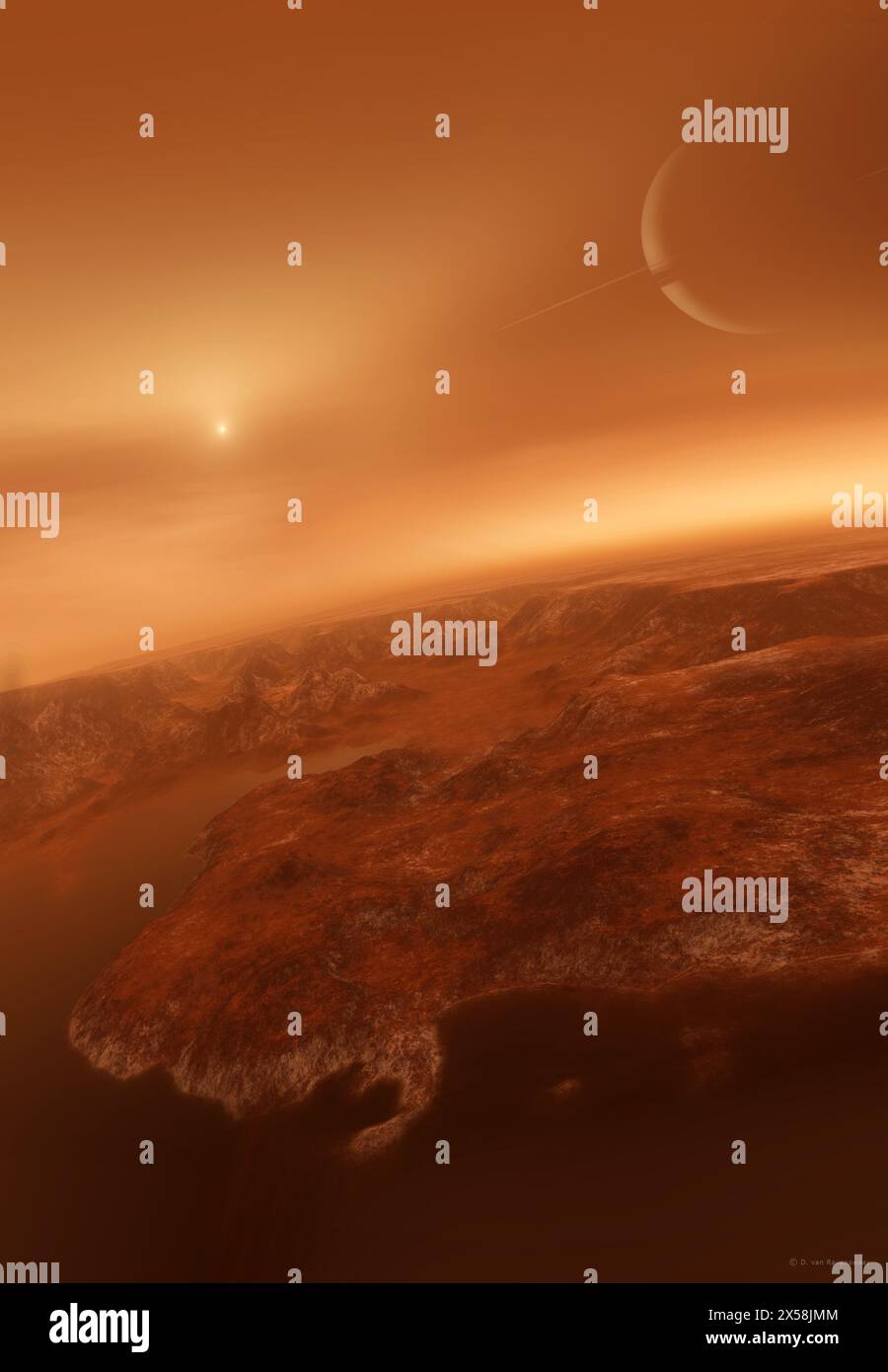 Illustration depicting the view from the Titan surface with Saturn in ...