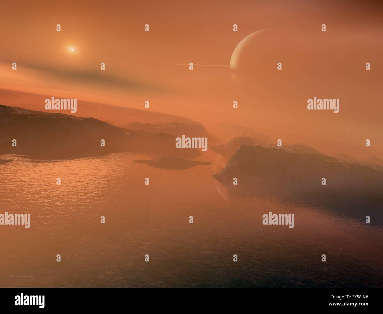 Illustration depicting the view from the Titan surface with Saturn in ...