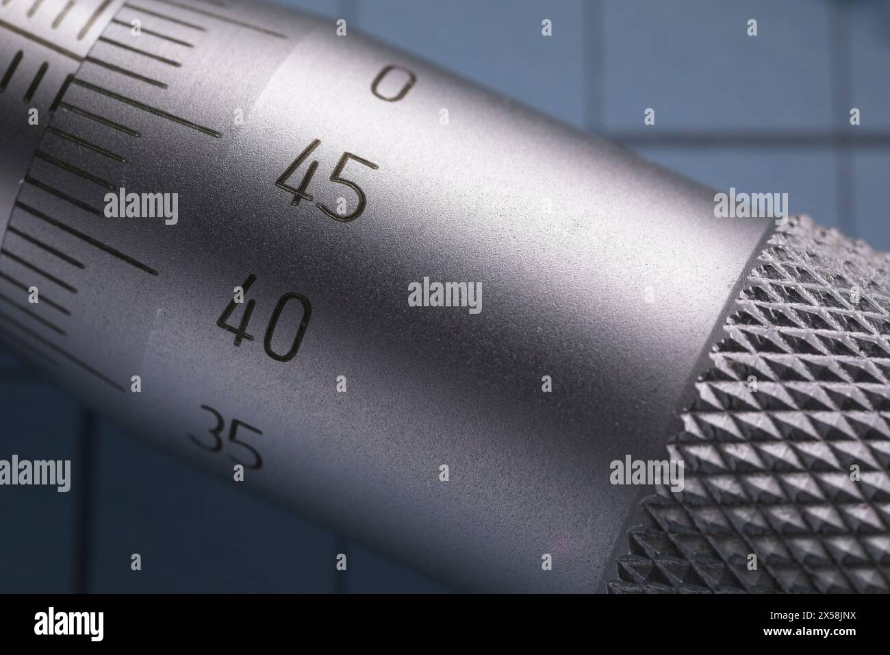 Close-up of a micrometre thimble scale. The circumferential, or thimble ...