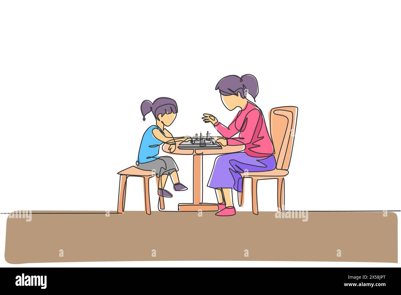 One single line drawing of young mom and her son siting on chair and ...