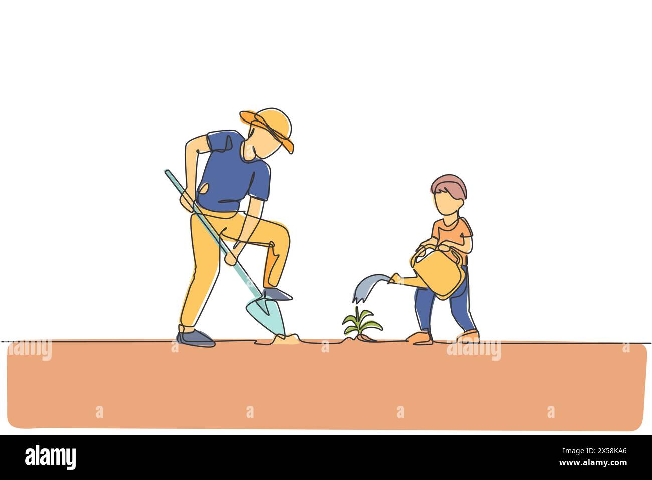 Single continuous line drawing young dad digging ground using shovel ...