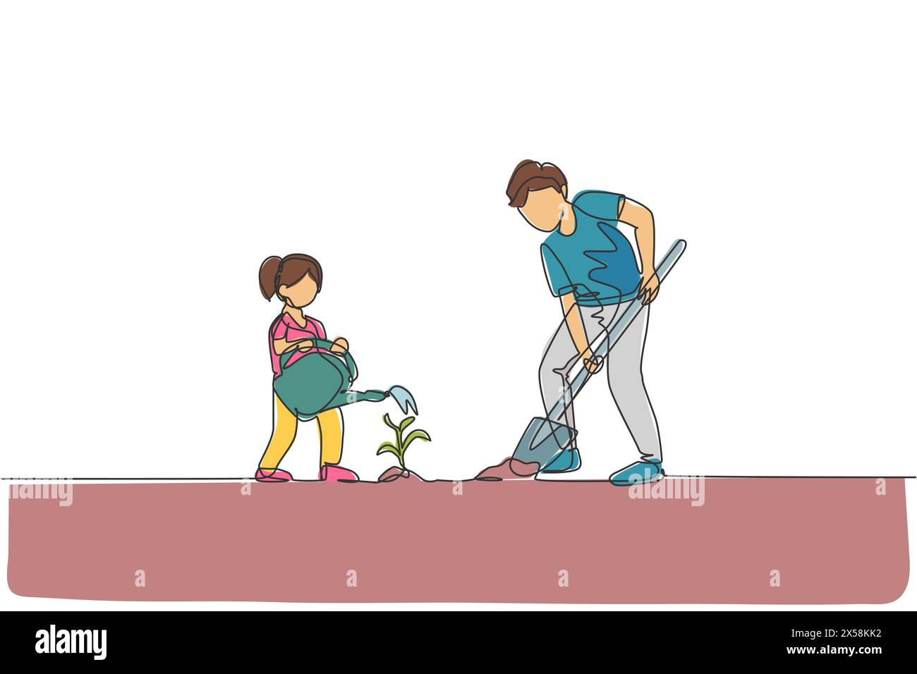 One single line drawing young father digging ground using shovel and ...