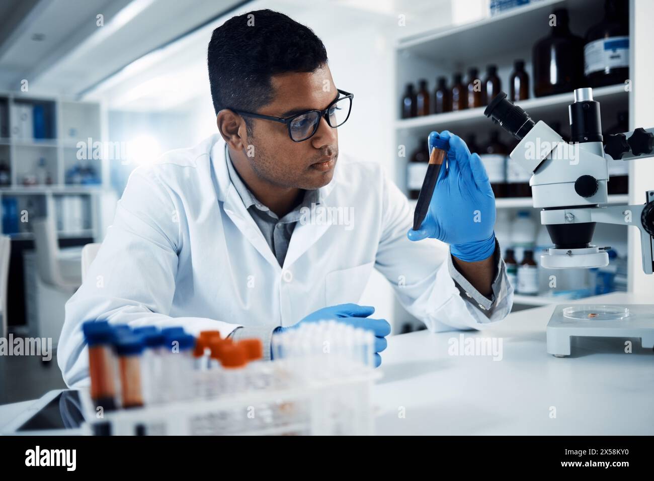 Indian man, blood or scientist in lab for science innovation, life ...