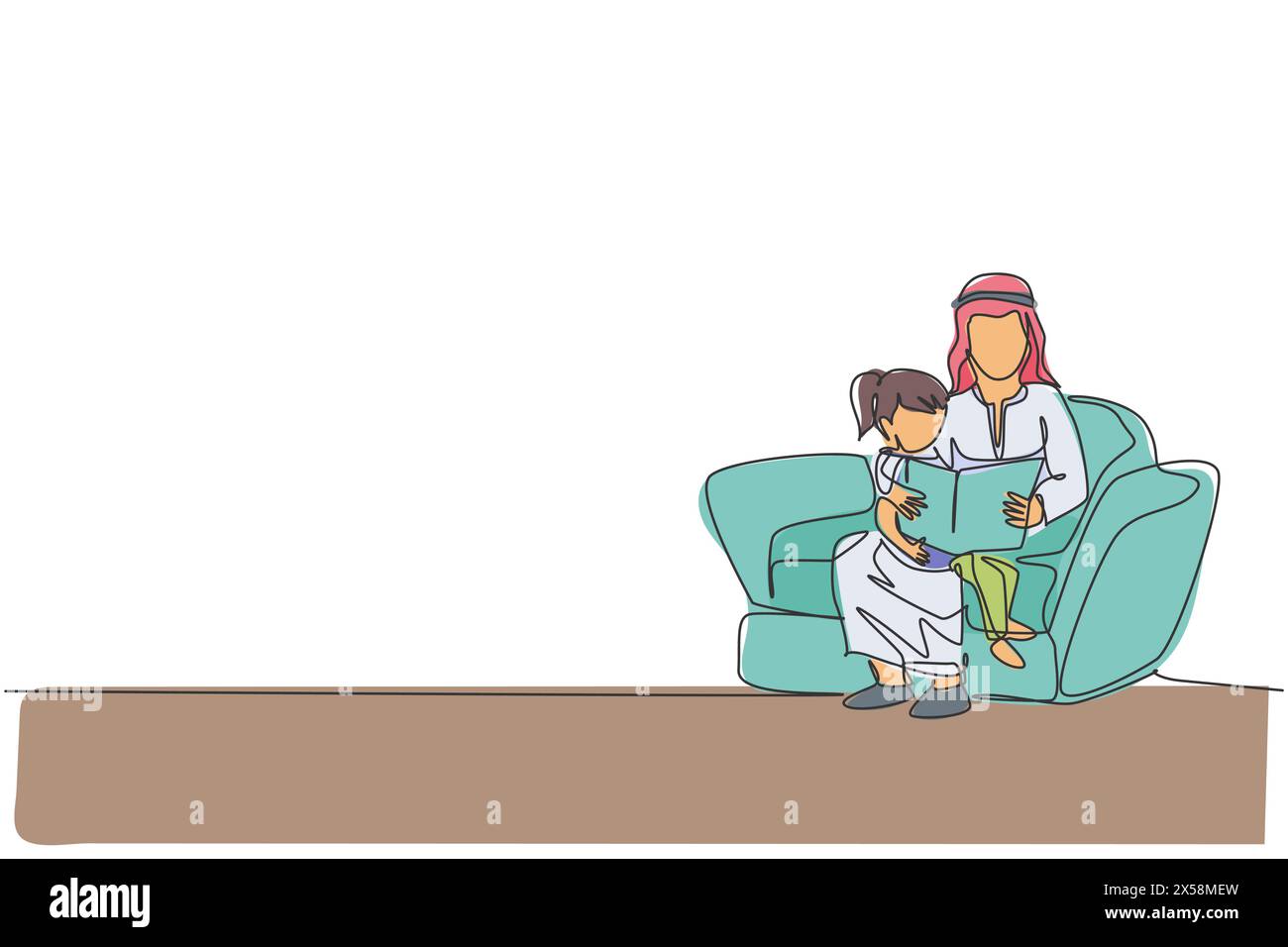 Single continuous line drawing of young Arabian father sitting on sofa ...