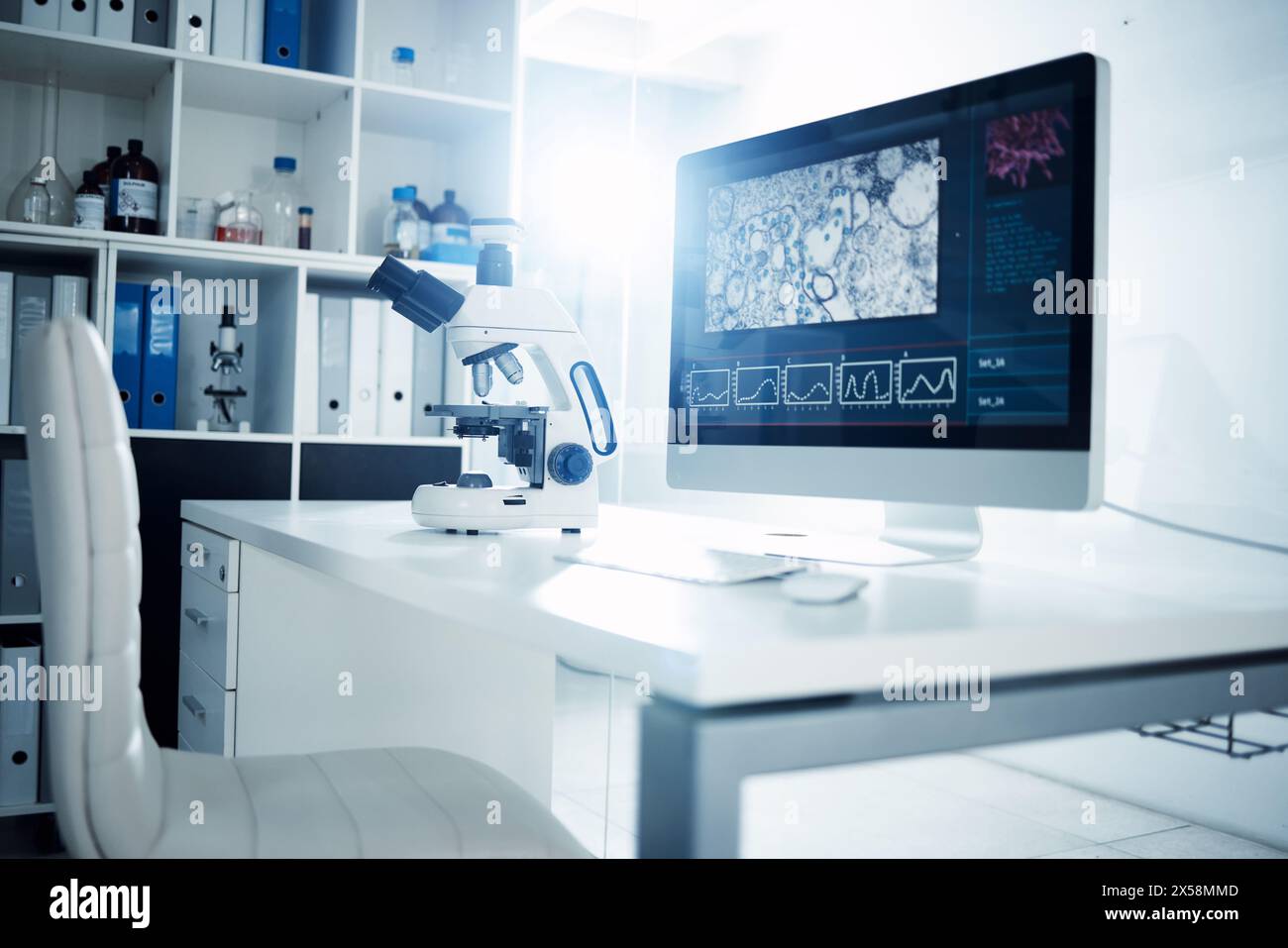 Empty, room and microscope with computer in laboratory for medical ...