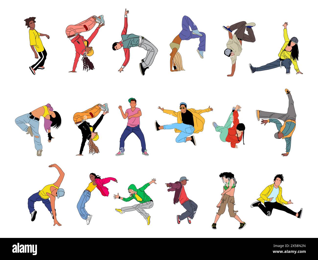 Dancers hip hop, breakdance outline colored vector drawings isolated on ...