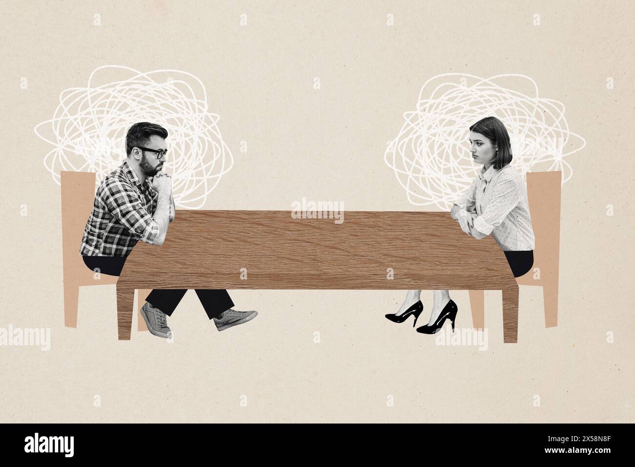 Composite photo collage of two dissatisfied husband wife sit table ...