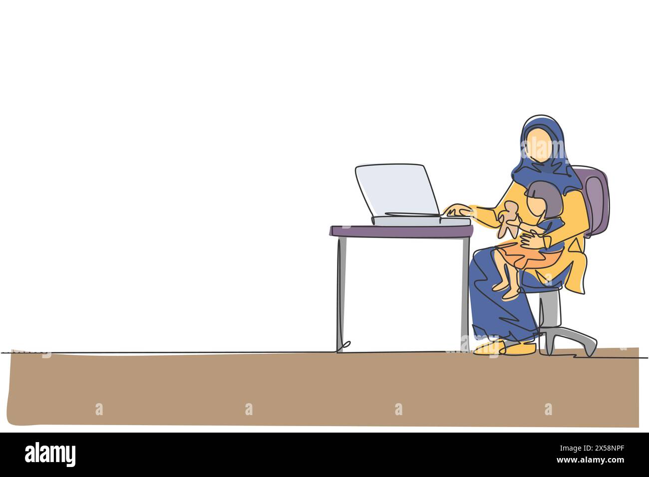 One single line drawing of young Islamic mom work from home while ...